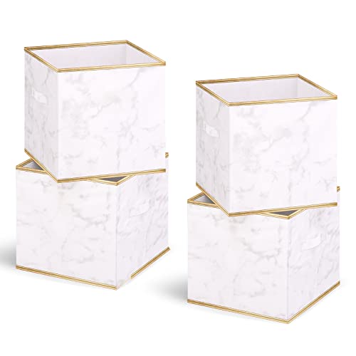 DAMAHOME Fabric Storage Bins Cubes - 11inch Foldable Storage Cube, Collapsible Closet organizer Dual Handles, Decorative Cubby Shelf Basket, Nursery Bins for Home&Office 4-Pack (White Marble)