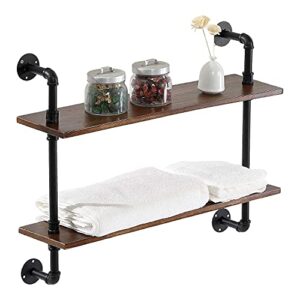 MOCOME 27.5" Industrial Pipe Shelving,Iron Pipe Shelf with Wood for Kitchen,Wall Mounted Shelf Rustic Black Pipe Floating Shelves for Bathroom 2 Tier,Brown