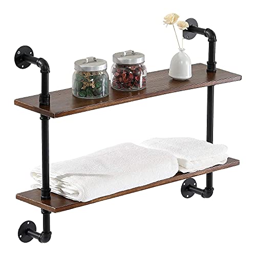 MOCOME 27.5" Industrial Pipe Shelving,Iron Pipe Shelf with Wood for Kitchen,Wall Mounted Shelf Rustic Black Pipe Floating Shelves for Bathroom 2 Tier,Brown