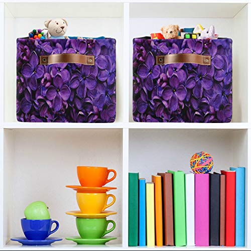 xigua Spring Lilac Purple Floral Large Storage Basket, Foldable Storage Basket, Waterproof Coating Storage Box with Handle Toy Storage Bag, for Home School & Office, 1PCS