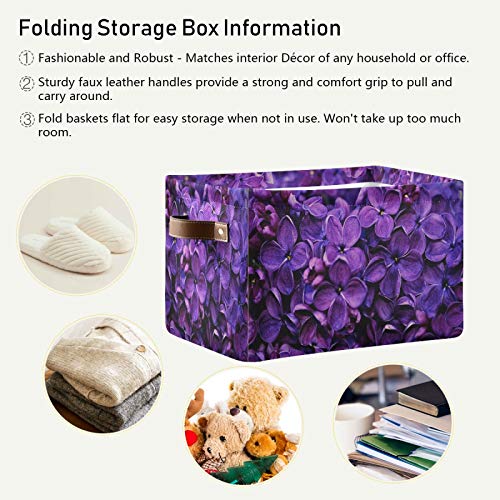 xigua Spring Lilac Purple Floral Large Storage Basket, Foldable Storage Basket, Waterproof Coating Storage Box with Handle Toy Storage Bag, for Home School & Office, 1PCS