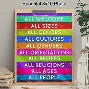 Welcome Sign - Liberal Wall Decor Picture - Gift for LGBTQ, Queer, Gay, Bi, Lesbian, African American, Black, Latino - 8x10 Paper Plaque Art Poster Print for Home, Office, Store, Bar - Unframed