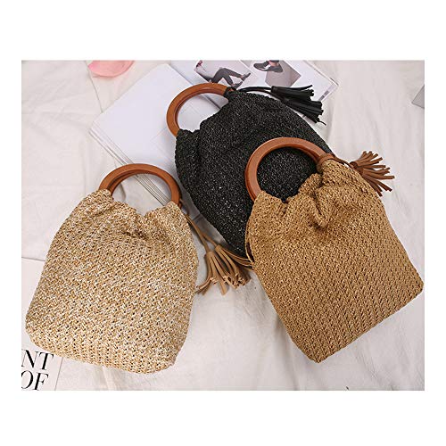 QTKJ Hand-woven Large Straw Tote Bag with Beige Leather Tassels Boho Brown Wooden Round Handle Tote Retro Summer Beach Bag Rattan Handbag (Beige)