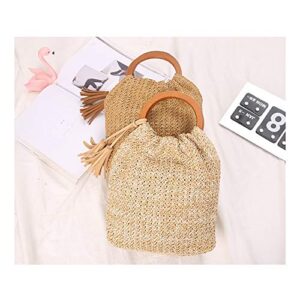 QTKJ Hand-woven Large Straw Tote Bag with Beige Leather Tassels Boho Brown Wooden Round Handle Tote Retro Summer Beach Bag Rattan Handbag (Beige)