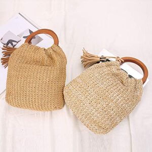 QTKJ Hand-woven Large Straw Tote Bag with Beige Leather Tassels Boho Brown Wooden Round Handle Tote Retro Summer Beach Bag Rattan Handbag (Beige)