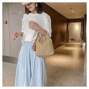 QTKJ Hand-woven Large Straw Tote Bag with Beige Leather Tassels Boho Brown Wooden Round Handle Tote Retro Summer Beach Bag Rattan Handbag (Beige)