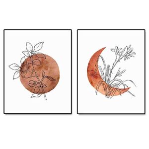 terracotta sun and moon print, flower sun, minimal wall art, boho decor, abstract moon, flower line print, sunset art, set of 2 prints – 8×10 inch – no frame