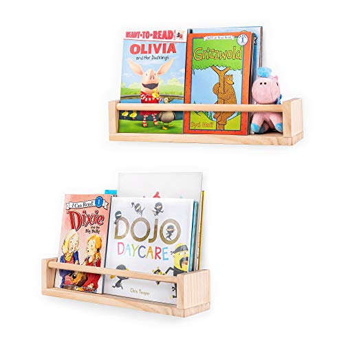 KUWZTY Wall Book Shelves for Nursery Set of 2, Display Holder for Toys, Toiletry Essentials, Kitchen Spice Racks, Photos(Natural Wood)