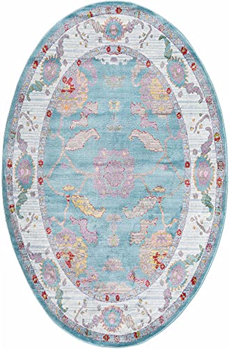 Rugs.com Paragon Collection Rug – 5' x 8' Oval Aqua Medium-Pile Rug Perfect for Living Rooms, Large Dining Rooms, Open Floorplans