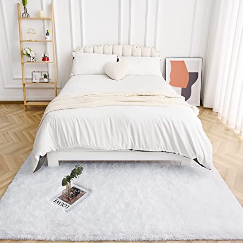 Flagover Super Soft Area Rugs Carpets, Fluffy Shaggy 5x8 White Rugs for Living Room Bedroom Girls Kids Room Furry Plush Carpets New Upgraded Fuzzy Bedside Rugs Fuzzy Home Dorm Decor Floor Mats