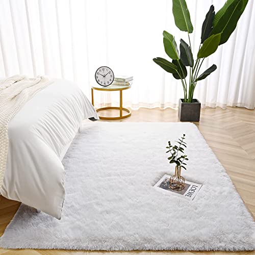 Flagover Super Soft Area Rugs Carpets, Fluffy Shaggy 5x8 White Rugs for Living Room Bedroom Girls Kids Room Furry Plush Carpets New Upgraded Fuzzy Bedside Rugs Fuzzy Home Dorm Decor Floor Mats