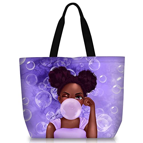 EZYES Woman Tote Bag Shoulder Bags African American Shoulder Handbag Tote Bag African Girl Blowing Bubbles Printed Satchel Handbag Woman Beach Bag