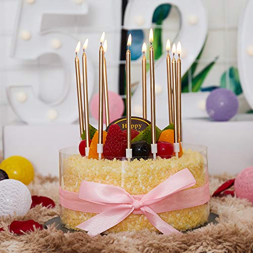 24 Count Metallic Birthday Candles Slow Burning Happy Birthday Cake Candles Long Thin Cake Cupcake Candle in Holders for Lucky Party, Wedding Party, Birthday Party Congregation (Champagne Gold)