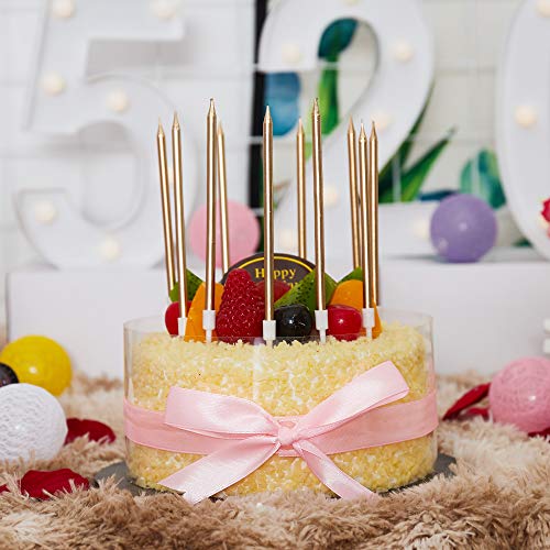 24 Count Metallic Birthday Candles Slow Burning Happy Birthday Cake Candles Long Thin Cake Cupcake Candle in Holders for Lucky Party, Wedding Party, Birthday Party Congregation (Champagne Gold)