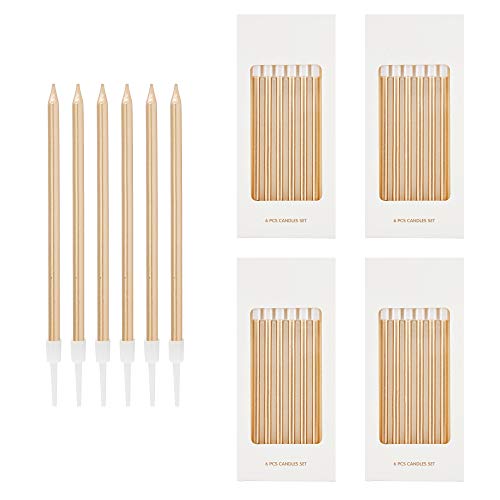 24 Count Metallic Birthday Candles Slow Burning Happy Birthday Cake Candles Long Thin Cake Cupcake Candle in Holders for Lucky Party, Wedding Party, Birthday Party Congregation (Champagne Gold)