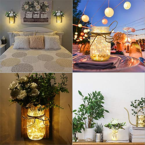 Anpro Mason Jars sconces with Lights,Decorative Mason Jar Wall Decor,Rustic Wall Sconces with 6-Hour Timer LED Fairy Lights and Flowers (2 Pack) Iron Hooks for Christmas,Halloween Decorations