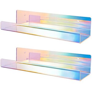 nihome 2pcs iridescent wall mounted clear acrylic floating shelves, attom tech 15″ thick invisible wall ledge bookshelf kids book display shelves for home, office, school, business