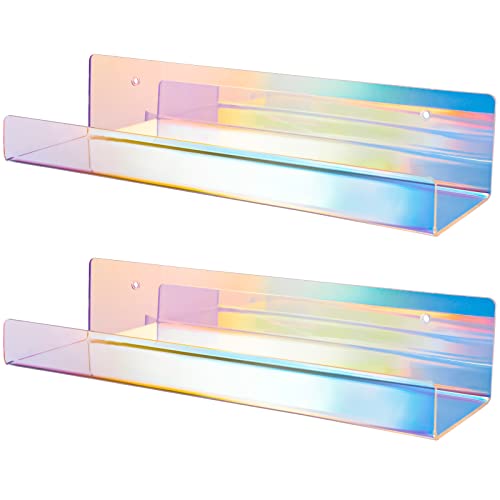 NiHome 2PCS Iridescent Wall Mounted Clear Acrylic Floating Shelves, Attom Tech 15" Thick Invisible Wall Ledge Bookshelf Kids Book Display Shelves for Home, Office, School, Business