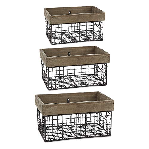 DII Farmhouse Wood Rimmed Wire Storage Basket Set, Silver, Assorted