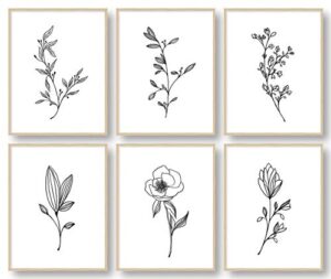 botanical plant wall art prints, minimalist wall art, black and white wall art, plant wall decor, bathroom wall decor, kitchen wall decor (set of 6, 8x10in, unframed)