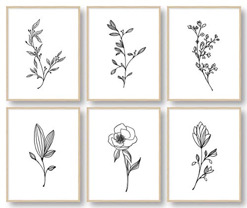 Botanical Plant Wall Art Prints, Minimalist Wall Art, Black and White Wall Art, Plant Wall Decor, Bathroom Wall Decor, Kitchen Wall Decor (Set of 6, 8X10in, Unframed)