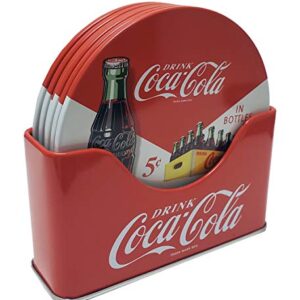 The Tin Box Company Coke 6 pc Coaster Set with Standing Metal Holder, Red