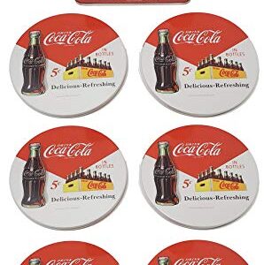 The Tin Box Company Coke 6 pc Coaster Set with Standing Metal Holder, Red