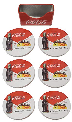 The Tin Box Company Coke 6 pc Coaster Set with Standing Metal Holder, Red