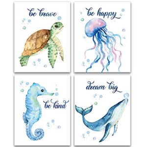 suuura-oo lovely inspirational words texture of dreams watercolor sea marine life art print set of 4 (8”x10”), sea turtle seahorse fish whale jellyfish wall poster, blue ocean theme nursery kids room wall decor