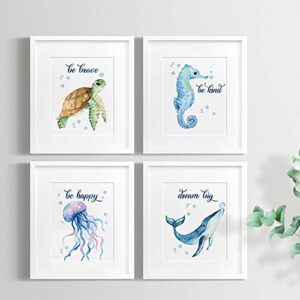 SUUURA-OO Lovely Inspirational Words Texture of Dreams Watercolor Sea marine life Art Print Set of 4 (8”X10”), Sea Turtle Seahorse fish whale Jellyfish Wall Poster, Blue Ocean Theme Nursery Kids Room Wall Decor