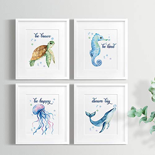 SUUURA-OO Lovely Inspirational Words Texture of Dreams Watercolor Sea marine life Art Print Set of 4 (8”X10”), Sea Turtle Seahorse fish whale Jellyfish Wall Poster, Blue Ocean Theme Nursery Kids Room Wall Decor