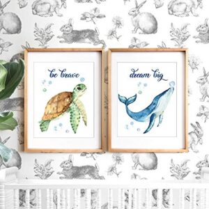 SUUURA-OO Lovely Inspirational Words Texture of Dreams Watercolor Sea marine life Art Print Set of 4 (8”X10”), Sea Turtle Seahorse fish whale Jellyfish Wall Poster, Blue Ocean Theme Nursery Kids Room Wall Decor