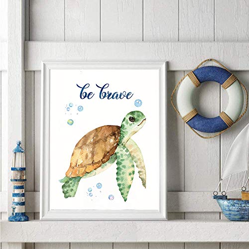 SUUURA-OO Lovely Inspirational Words Texture of Dreams Watercolor Sea marine life Art Print Set of 4 (8”X10”), Sea Turtle Seahorse fish whale Jellyfish Wall Poster, Blue Ocean Theme Nursery Kids Room Wall Decor