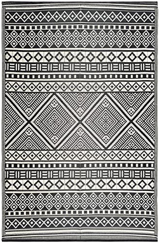 Beverly Rug Aztec Outdoor Rugs 8x10 Waterproof Boho Reversible Plastic Straw Rug Bohemian Outdoor Carpet, Outside Mat for Patio, Camping, Picnic, Porch, Deck, RV, Beach, Pool, Black and White, Texas