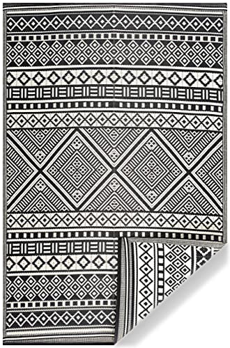 Beverly Rug Aztec Outdoor Rugs 8x10 Waterproof Boho Reversible Plastic Straw Rug Bohemian Outdoor Carpet, Outside Mat for Patio, Camping, Picnic, Porch, Deck, RV, Beach, Pool, Black and White, Texas