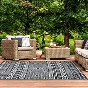 Beverly Rug Aztec Outdoor Rugs 8x10 Waterproof Boho Reversible Plastic Straw Rug Bohemian Outdoor Carpet, Outside Mat for Patio, Camping, Picnic, Porch, Deck, RV, Beach, Pool, Black and White, Texas