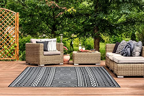 Beverly Rug Aztec Outdoor Rugs 8x10 Waterproof Boho Reversible Plastic Straw Rug Bohemian Outdoor Carpet, Outside Mat for Patio, Camping, Picnic, Porch, Deck, RV, Beach, Pool, Black and White, Texas