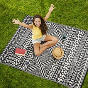 Beverly Rug Aztec Outdoor Rugs 8x10 Waterproof Boho Reversible Plastic Straw Rug Bohemian Outdoor Carpet, Outside Mat for Patio, Camping, Picnic, Porch, Deck, RV, Beach, Pool, Black and White, Texas