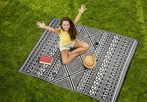 Beverly Rug Aztec Outdoor Rugs 8x10 Waterproof Boho Reversible Plastic Straw Rug Bohemian Outdoor Carpet, Outside Mat for Patio, Camping, Picnic, Porch, Deck, RV, Beach, Pool, Black and White, Texas