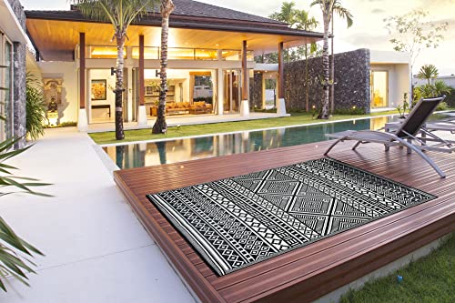 Beverly Rug Aztec Outdoor Rugs 8x10 Waterproof Boho Reversible Plastic Straw Rug Bohemian Outdoor Carpet, Outside Mat for Patio, Camping, Picnic, Porch, Deck, RV, Beach, Pool, Black and White, Texas