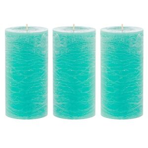 unscented 3×6 tall pillar candles – set of 3 hand poured turquoise wax candles | smokeless, clean burning décor for home, weddings, church, events | sea breeze blue