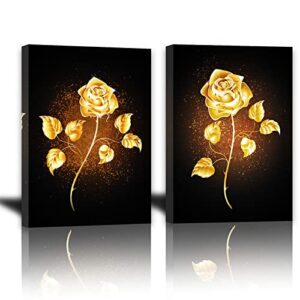 aohart golden yellow flowers canvas wall art for bedroom bathroom living room wall decoration 12x16inch 2 panels framed brass color rose wall decor for home kitchen wall black gold floral prints pictures