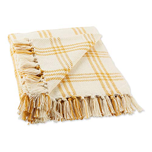 DII Modern Farmhouse Plaid Collection Cotton Fringe Throw Blanket, 50x60, White/Honey Gold