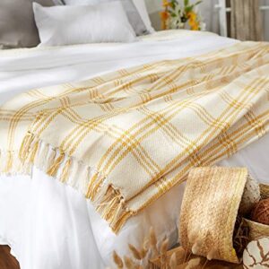 DII Modern Farmhouse Plaid Collection Cotton Fringe Throw Blanket, 50x60, White/Honey Gold