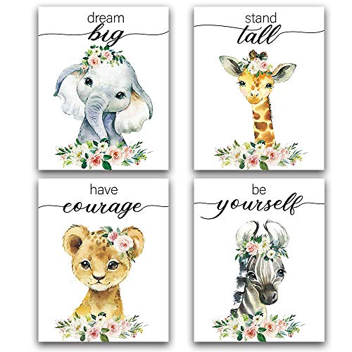 Elephant Flower Inspirational Words Woodland Crown Animals Adorable Art Print Set of 4 (8”X10”), Motivational Quote Phrases Wall Art Poster for Nursery Baby Kids Room Home Decor, No Frame (Flower)