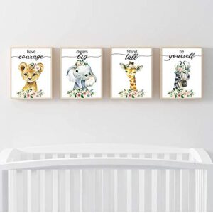 Elephant Flower Inspirational Words Woodland Crown Animals Adorable Art Print Set of 4 (8”X10”), Motivational Quote Phrases Wall Art Poster for Nursery Baby Kids Room Home Decor, No Frame (Flower)