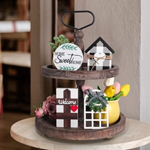 Mustry Rustic Wooden 2 Tiered Tray, Round Farmhouse Kitchen Table Decor Serving Tier Tray, Food Fruits Cupcake Display Coffee Bar Home Party Seasonal Decorations (Brown)