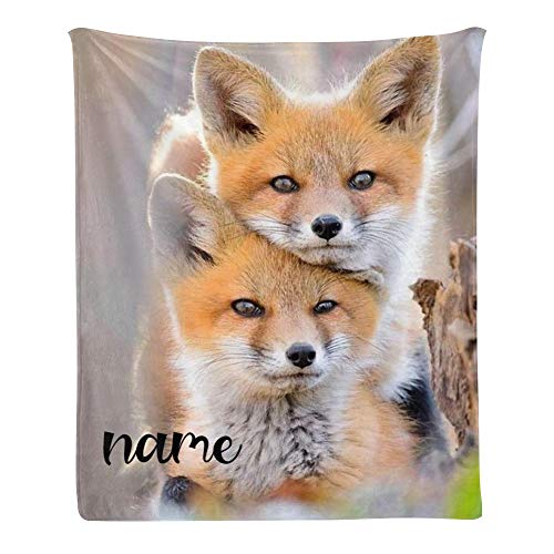 Custom Blanket with Name Text,Personalized Animal Funny Sweet Fox Super Soft Fleece Throw Blanket for Couch Sofa Bed (50 X 60 inches)