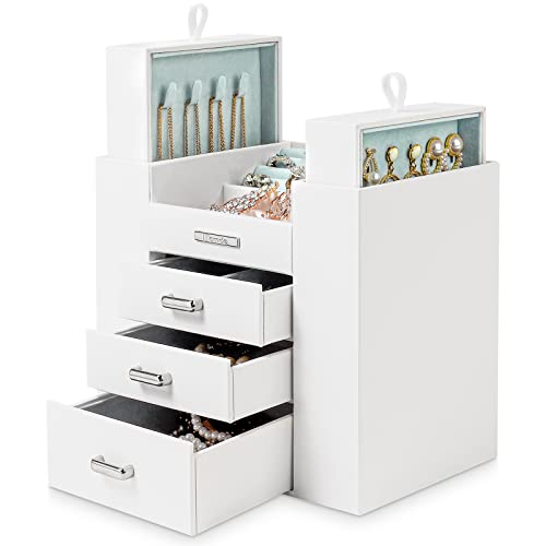 Homde Jewelry Organizer for Girls Women Jewelry Box Necklaces Rings Earrings Display Stand Jewelry Storage Holder Case for Bracelets Watches Sunglasses (White + Light Green)