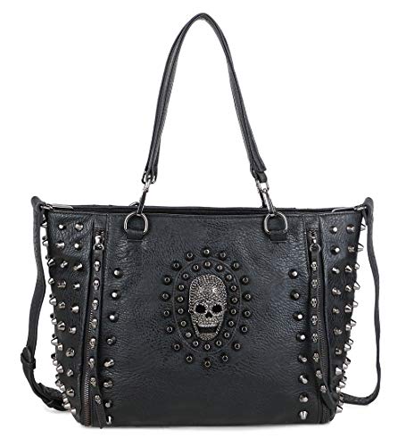 FiveloveTwo Skull Handbag Purse for Women Gothic Top-handle Shoulder Bag PU Leather Tote Satchel Black